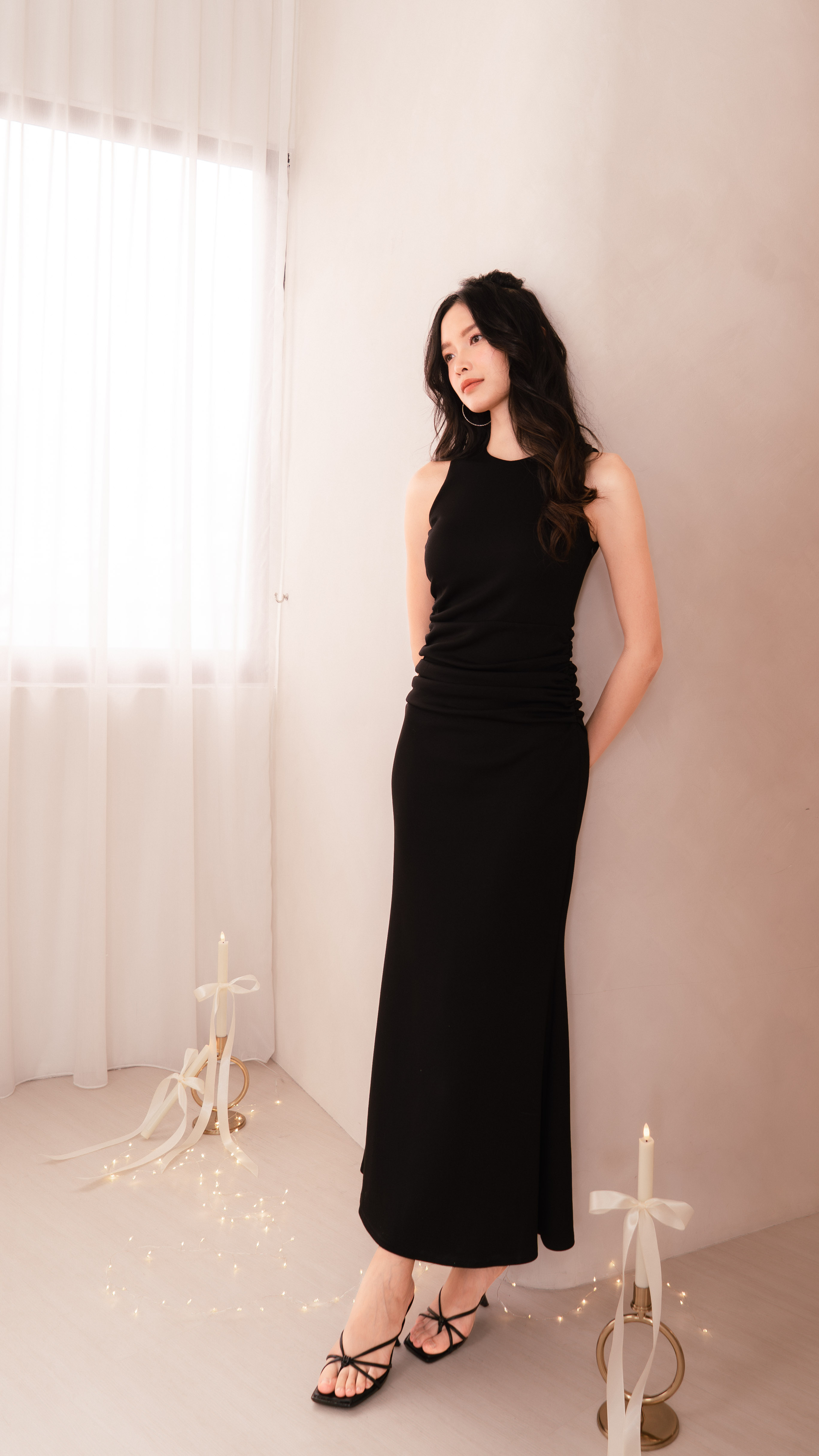 Claire Key Hole Back Ruched Midi Dress in Black | Mikayla
