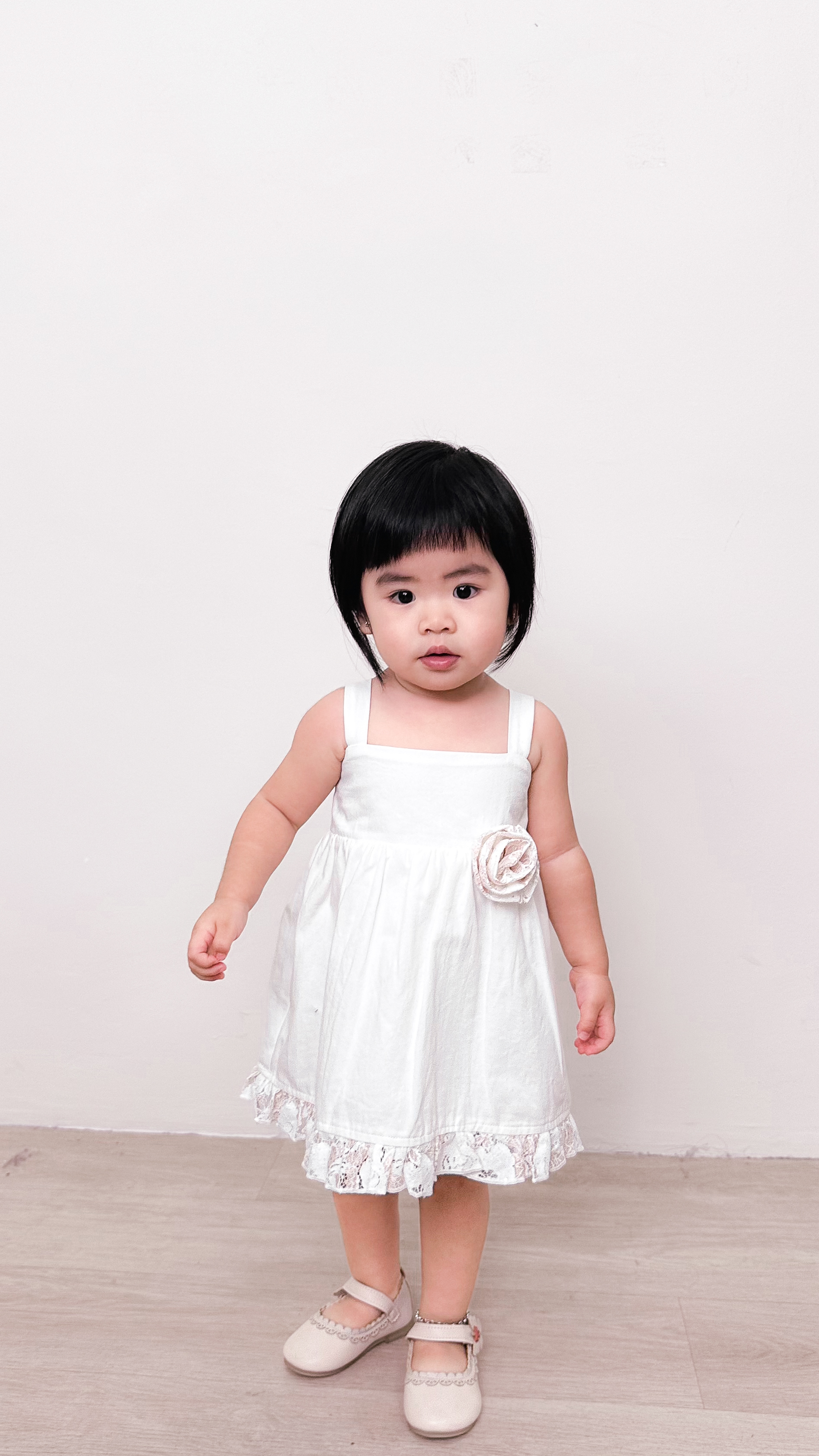 Little Genie Dress in White with Rose Gold Lace Flower | Mikayla