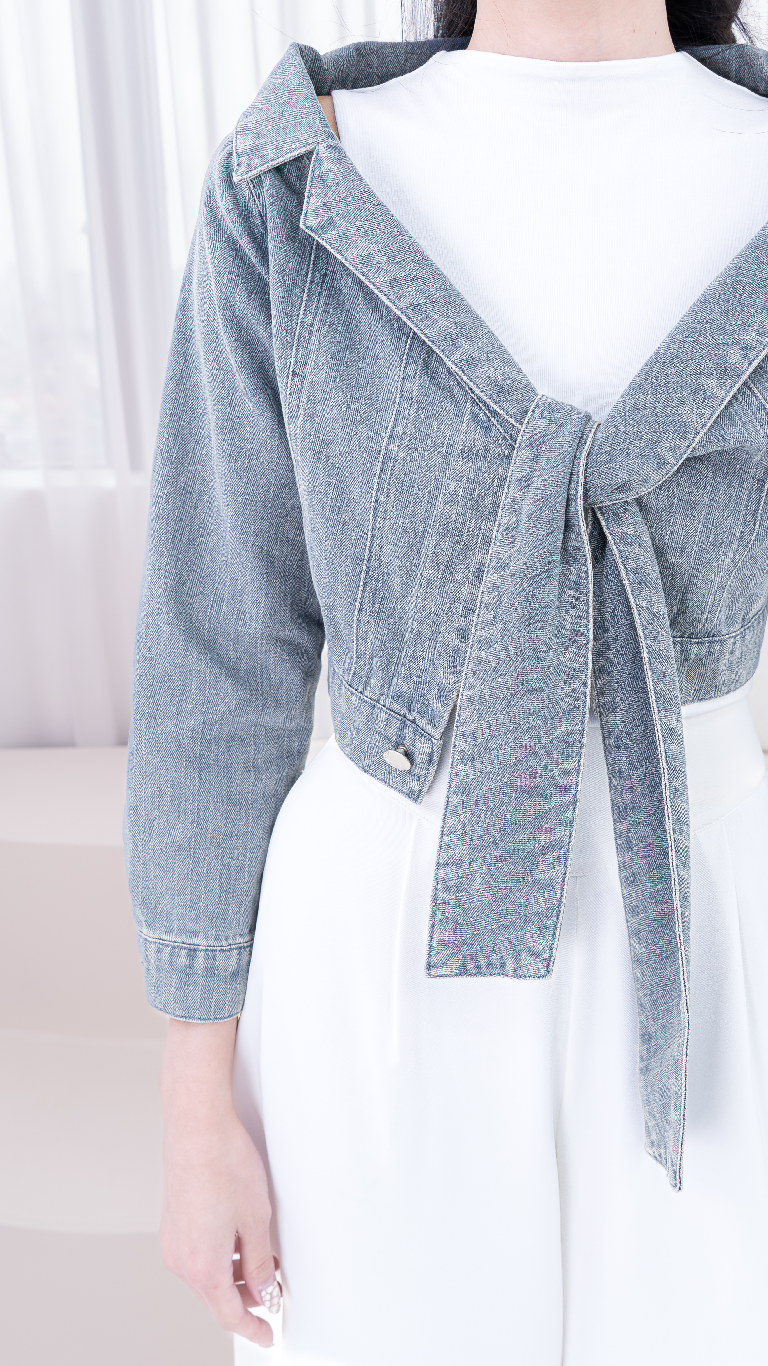 Glora Self Tie Denim Jacket in Mid Wash | Mikayla