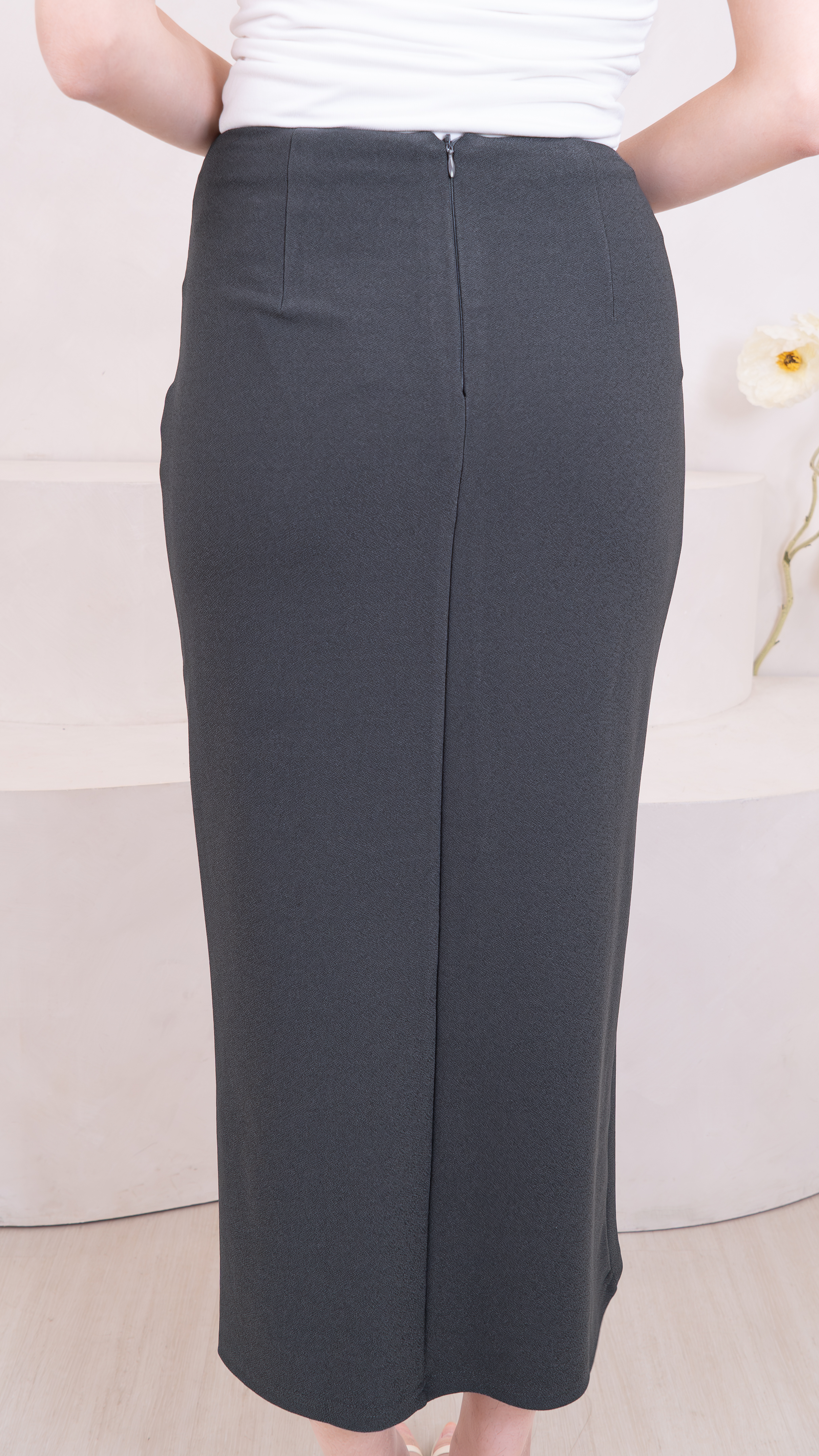 Clarice Overlap Front Slit Ruched Midi Skirt in Slate Grey | Mikayla