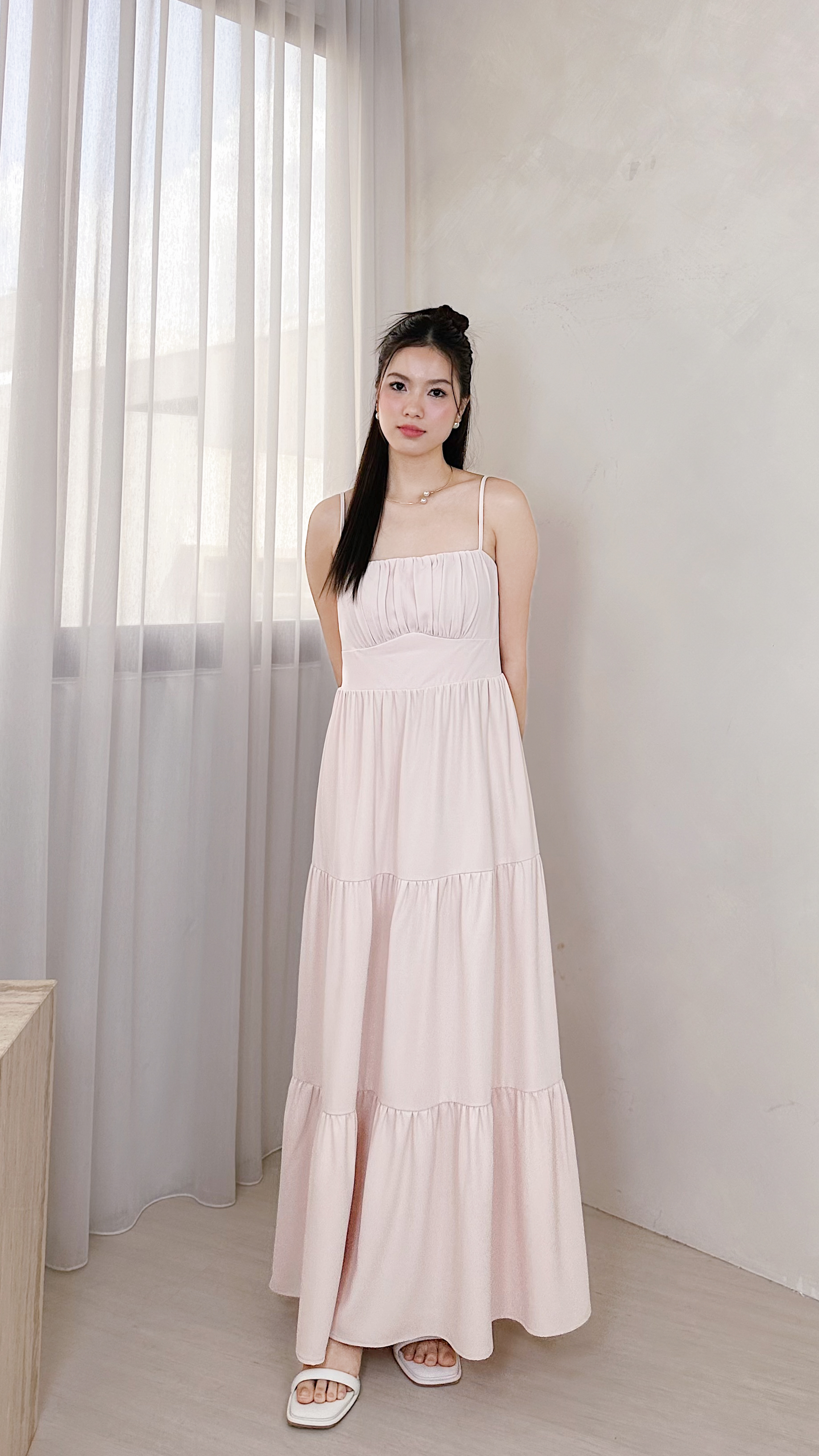 Lorelle Straight Neckline Ruched Tiered Midi Dress in Ice Pink | Mikayla