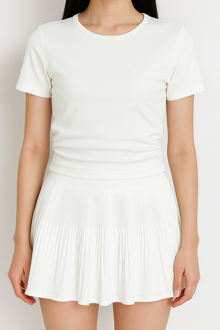 (BARE/BASIC) Marisa V2 Side Ruched Sleeved Top in White | Mikayla